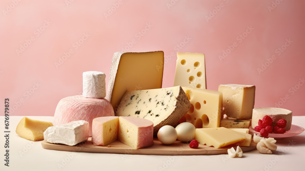 Assortment of cheeses of different variety, colors and textures. A ...