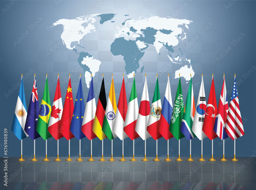 G20 member countries flags together. Group 20 countries' flags in a row ...