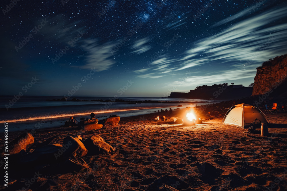 Camping on the beach and starry sky and moon in the night sky. Night ...