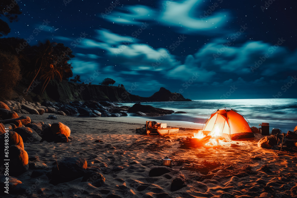 Camping on the beach and starry sky and moon in the night sky. Night time at the beach, looking ...