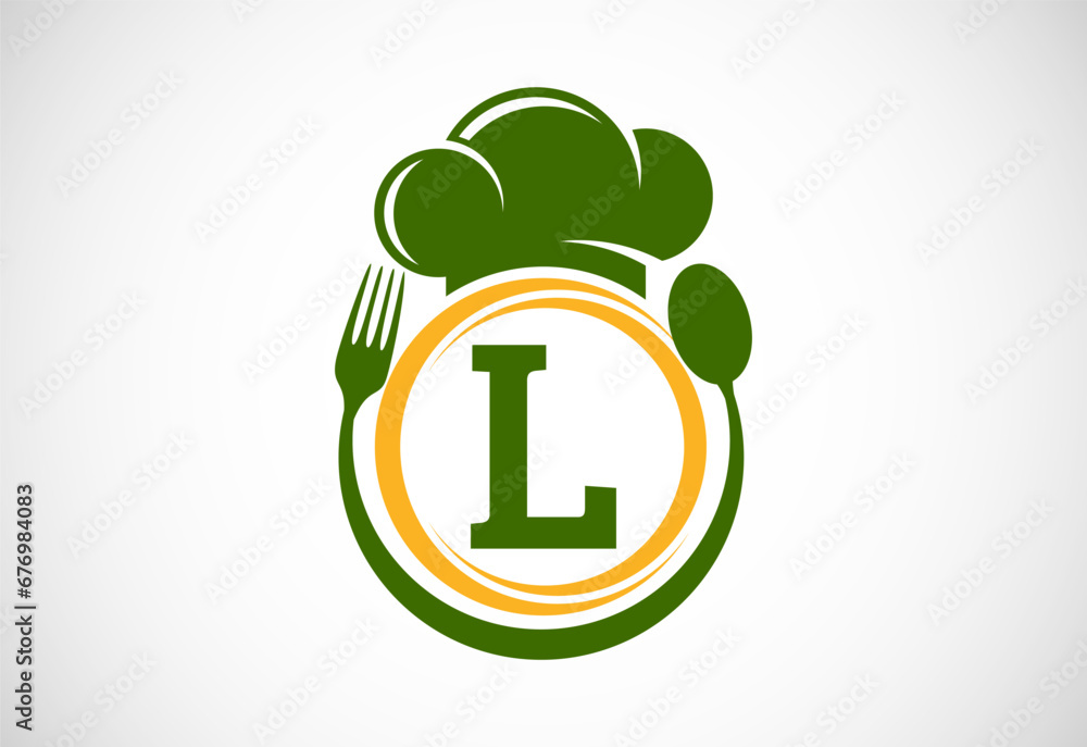 Initial alphabet L with chef hat, spoon and fork. Modern vector logo ...