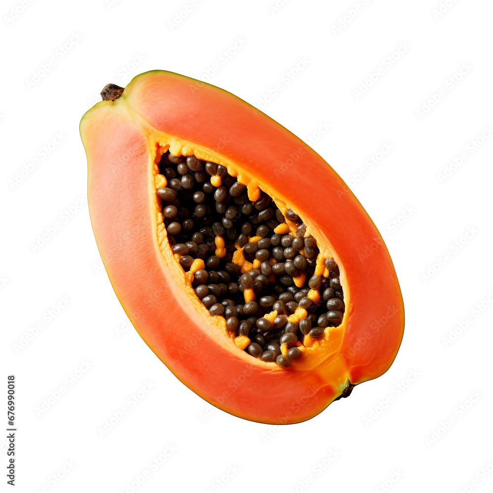 Papaya, ripe and vibrant orange, whole and fresh, isolated on a clear ...