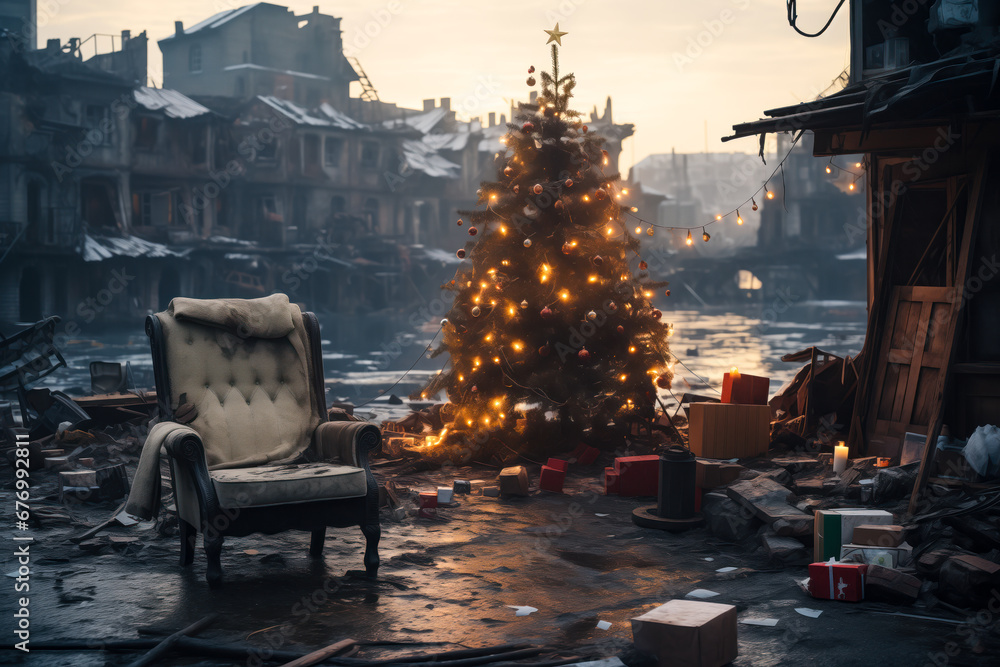 Post-apocalyptic Christmas, tree with lights, ruins, empty chair ...