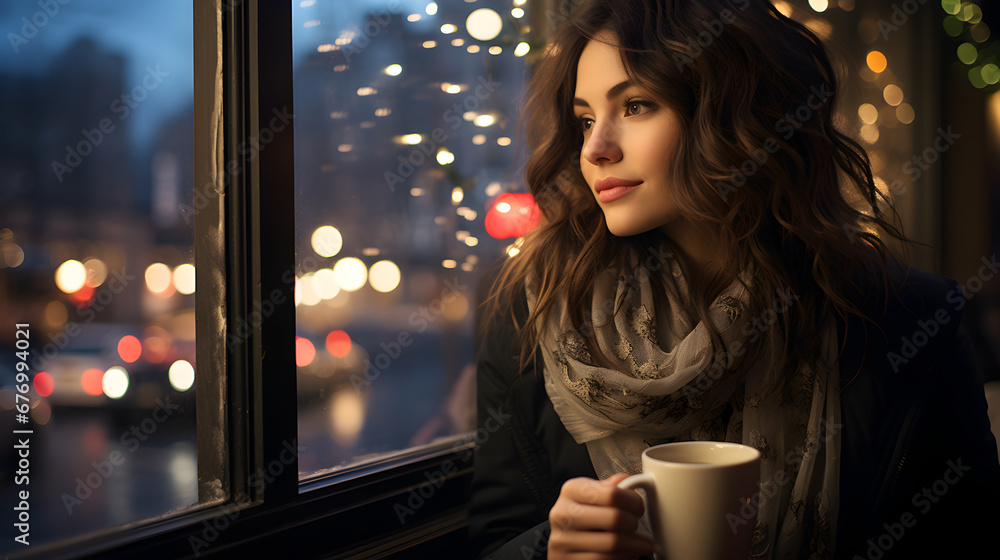 A moment of quiet reflection--an image of a beauty young woman by a window, gazing at winter ...