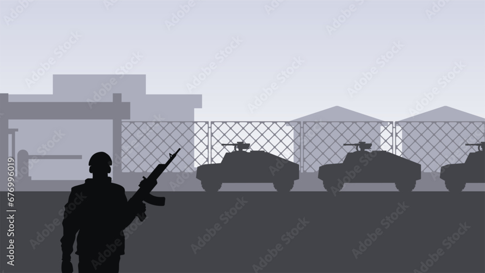 Military base landscape vector illustration. Silhouette of at military ...