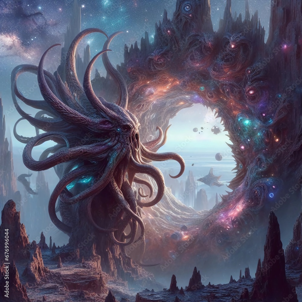 monsters magic celestial gates across the space Stock Illustration ...