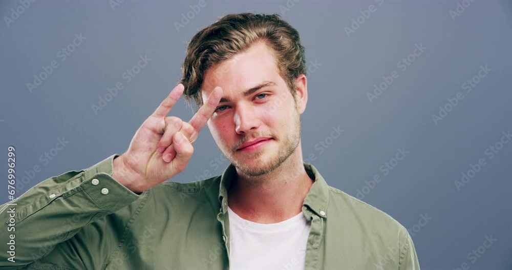 Vidéo Stock Man, horns hand or portrait with sign language, icon or gen ...