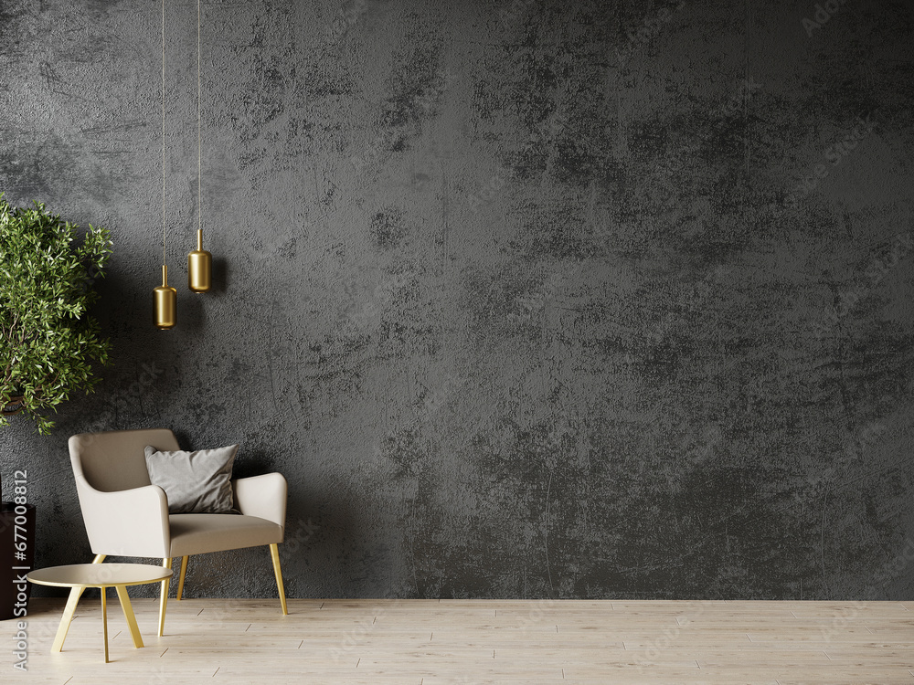 Livingroom in dark gray and beige colors. Mockup empty black ...