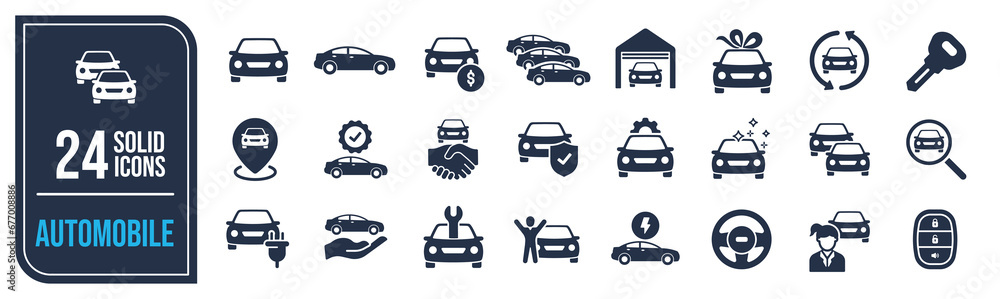 Automobile solid icons collection. Containing car dealer, keyless ...