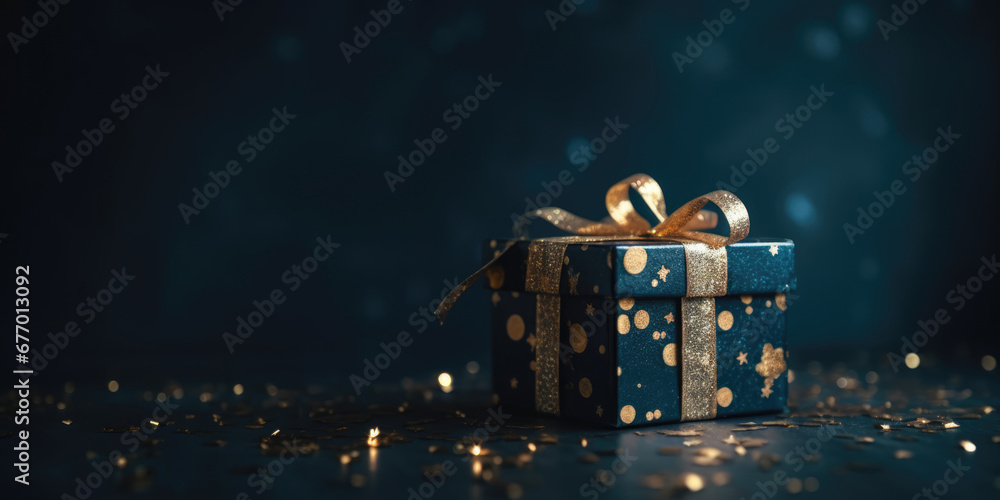 Blue gift box with golden ribbon. Beautiful dark blue present box with ...