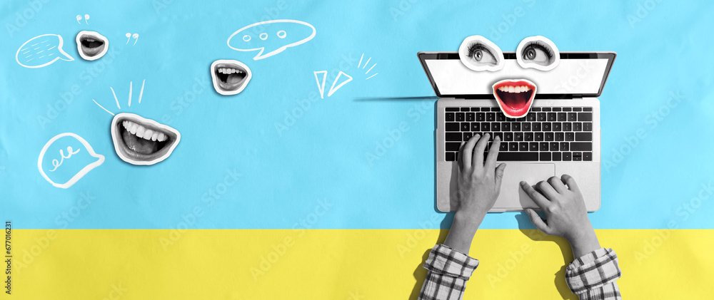 Person using a laptop computer with eyes and mouth - Photo collage ...