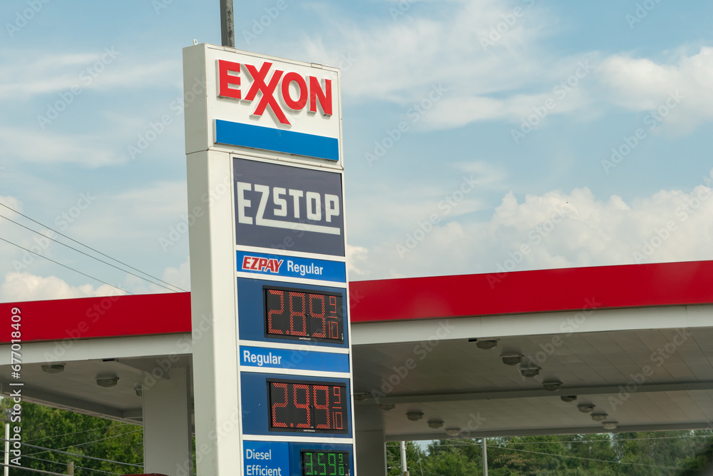 Waynesboro, Virginia, US - July 2, 2023: Exxon branded digital sign ...