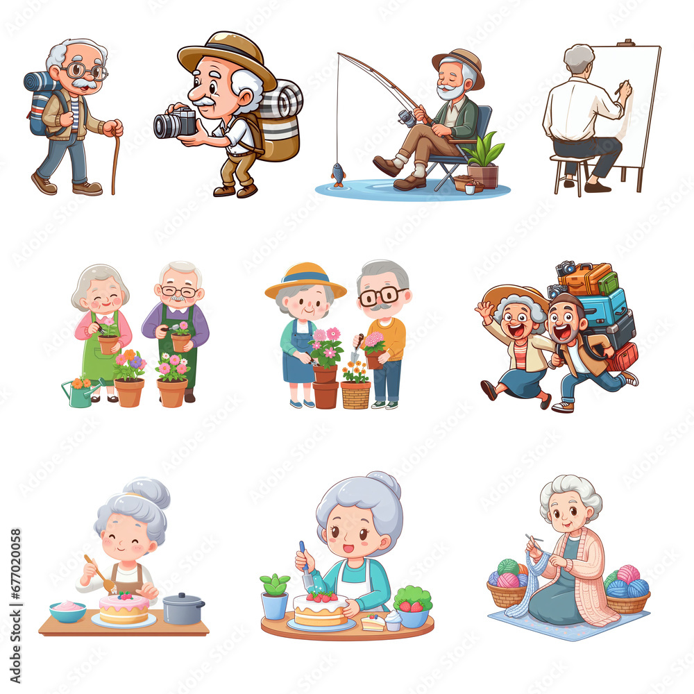 Elderly people character are doing many activities isolated on white ...