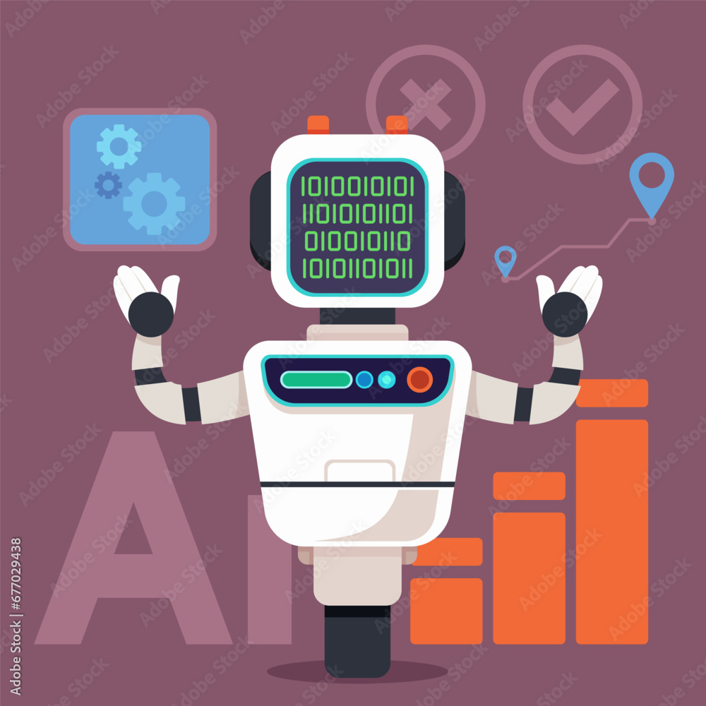 Robot analyzing data vector illustration. Cross and check marks, gear ...