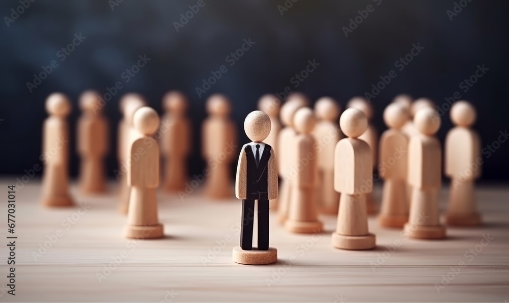 figurine man leader stand with people wooden team, leader lead and way ...
