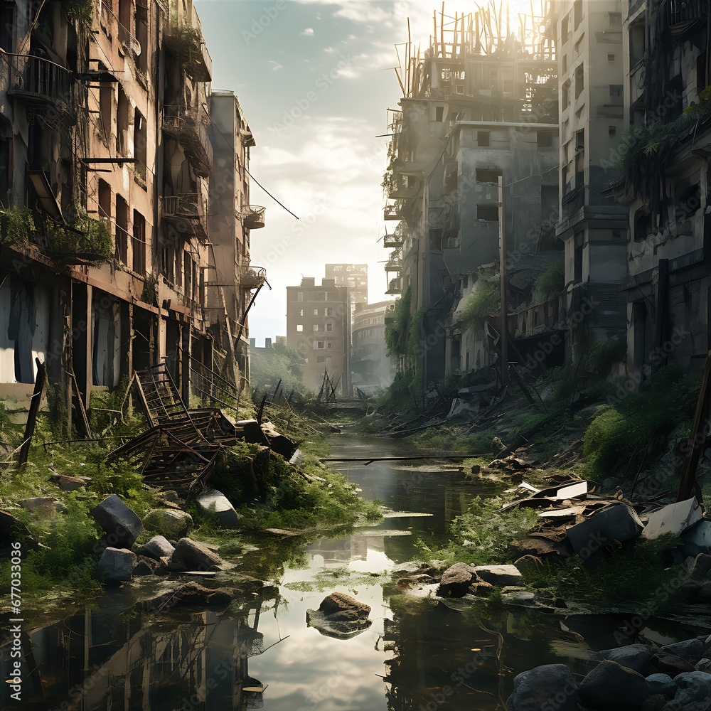 Empty post apocalyptic city landscape. A post-apocalyptic ruined city ...