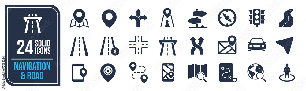Navigation and road solid icons collection. Containing map, route, road sign, highway etc icons ...
