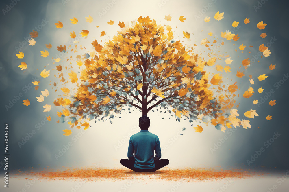Transformative mindfulness captured: a person meditates, an abstract ...