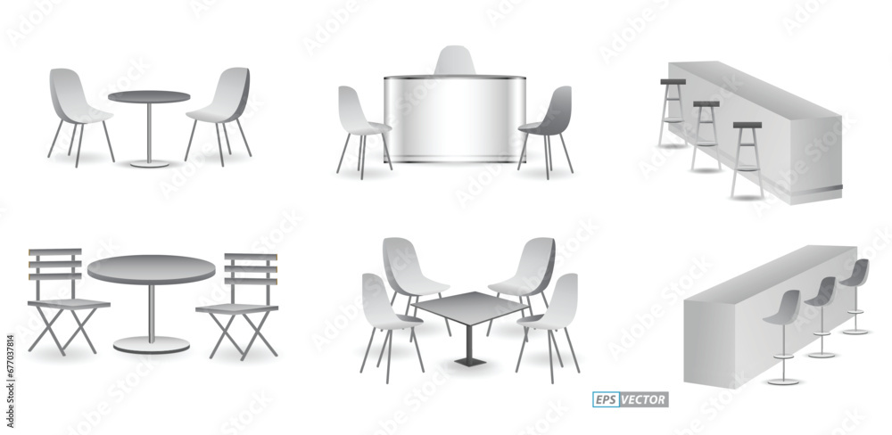 set of realistic trade exhibition chair and table or white blank ...
