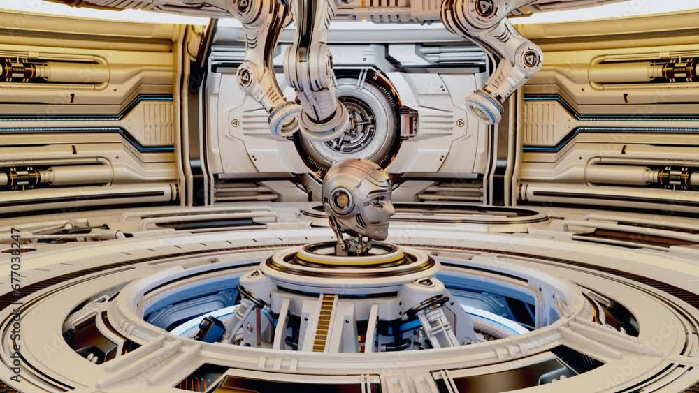 3d rendering animation of highly detailed futuristic hall with robotic ...