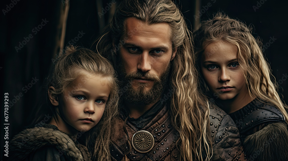 A strong and handsome young Viking family with a man, woman and baby ...