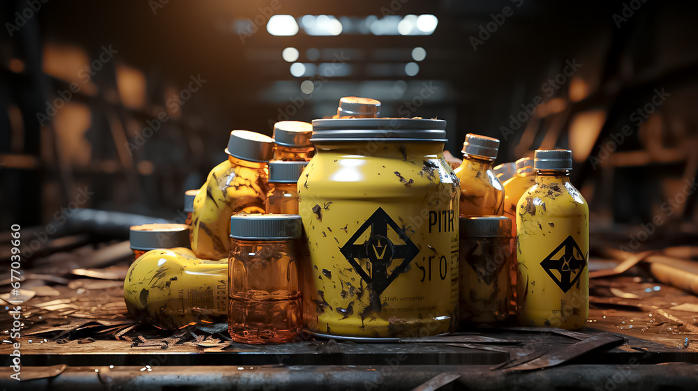 Wastecontainer Toxic. Different container with hazard chemical liquid ...