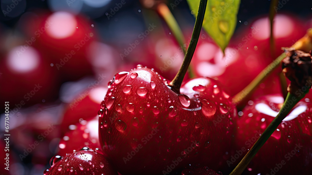 extreme closeup juicy fresh red cherry fruit with sparkling water drops ...