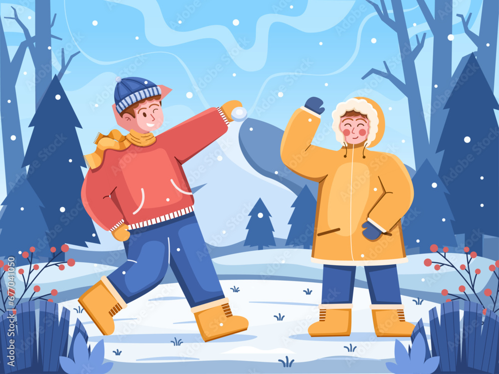 Vector illustration Kids with warm winter gear, engage in a playful ...