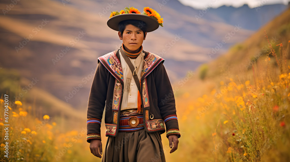 Peruvian young man in traditional clothing on an Inca trail - path in ...