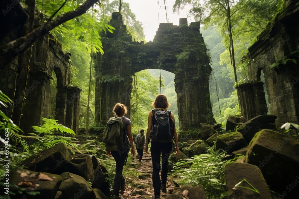 Group of travelers exploring ancient ruins deep in the heart of a ...