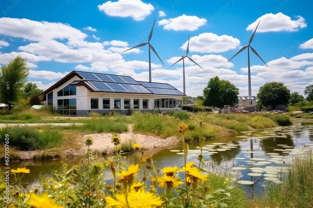 Serene view of a sustainable modern eco house powered by renewable ...