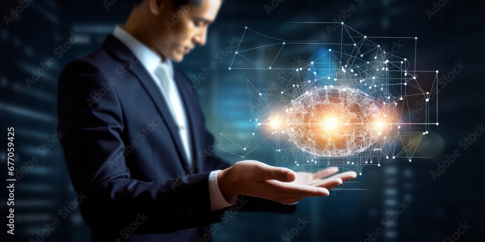 Businessman Touching The Brain Working Of Artificial Intelligence Ai In The Futuristic