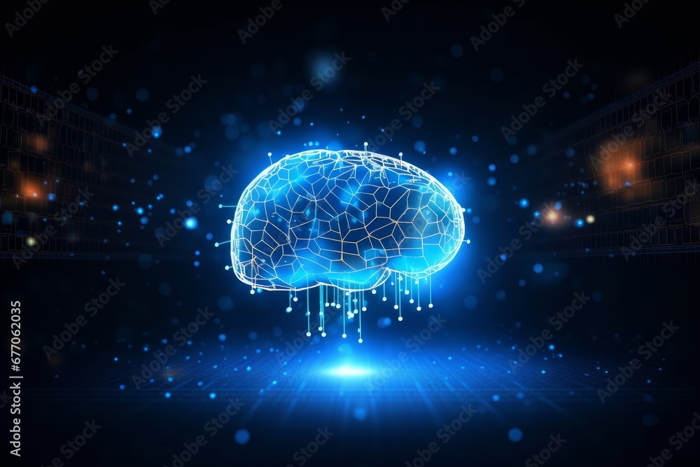 ภาพประกอบสต็อก Smart glowing brain on blue abstract digital binary code ...