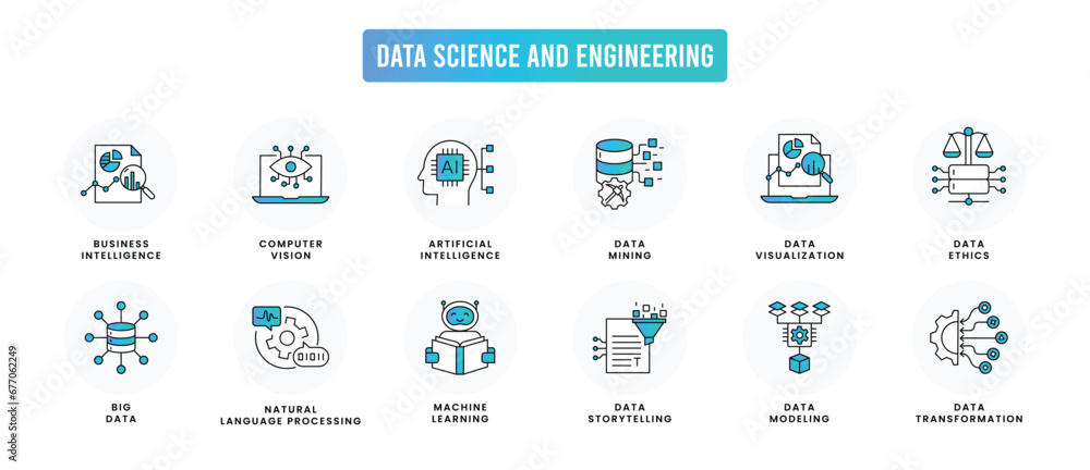 Data science and engineering icons: modeling, transformation, mining ...