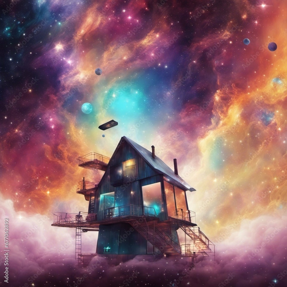 futuristic flying house, radiant nebula, star clusters and gas clouds ...