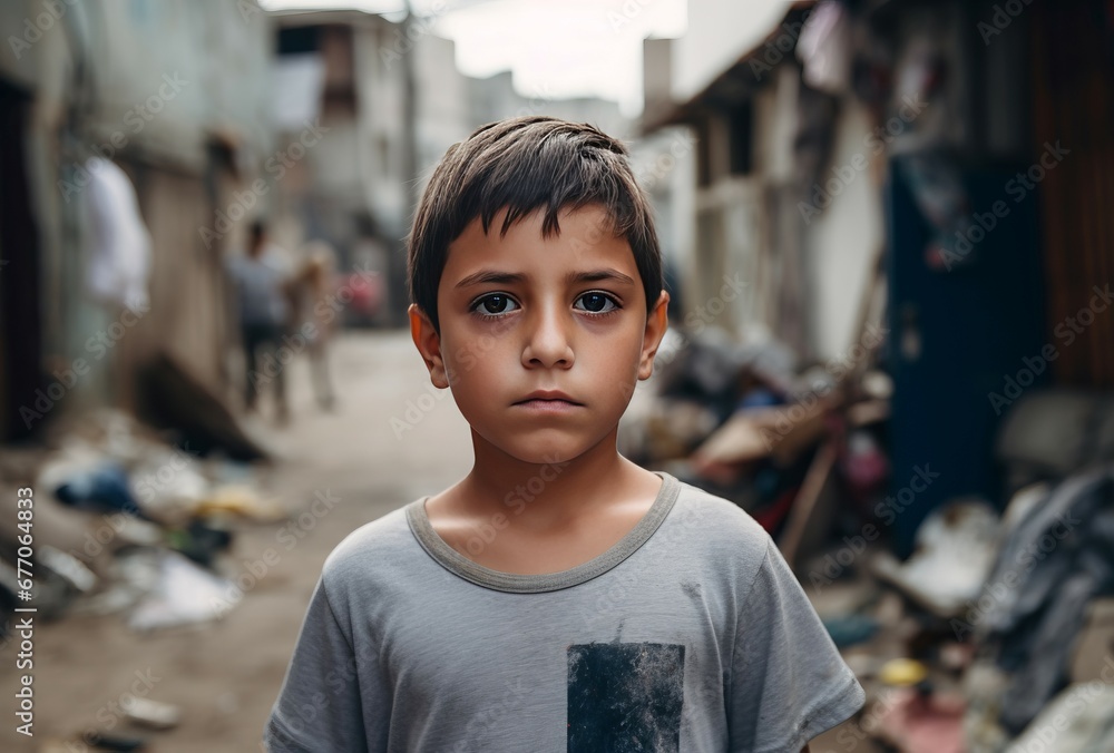 Little boy standing in poor polluted neighborhood. Child living in ...