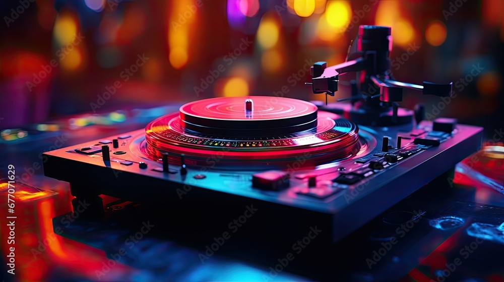 vinyl record player of a DJ on a blurry disco background Stock Photo ...