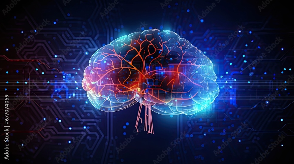 Human brain on neon glowing digital cyber technology background Stock ...