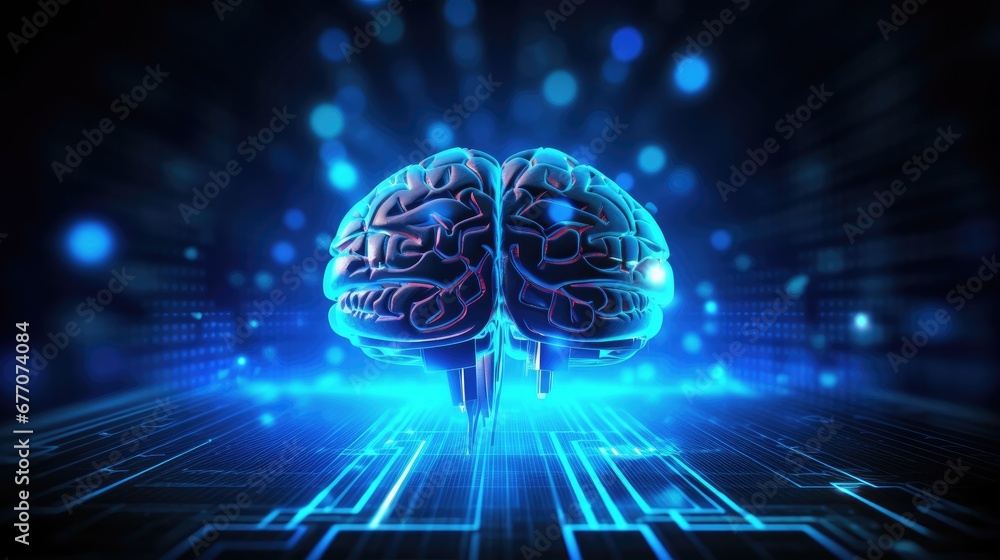 Human brain on neon glowing digital cyber technology background Stock ...