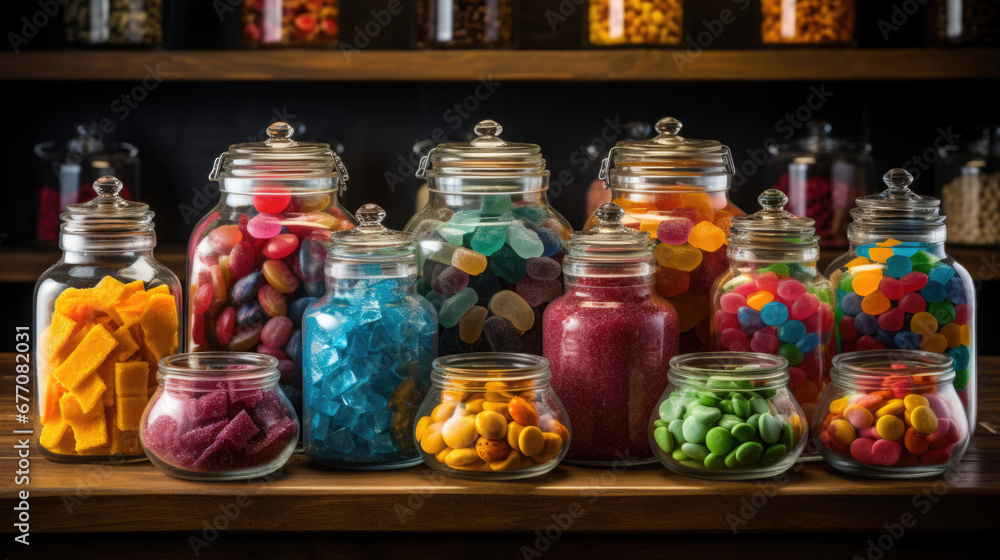 National Candy Month: A candy shop display with jars filled with ...