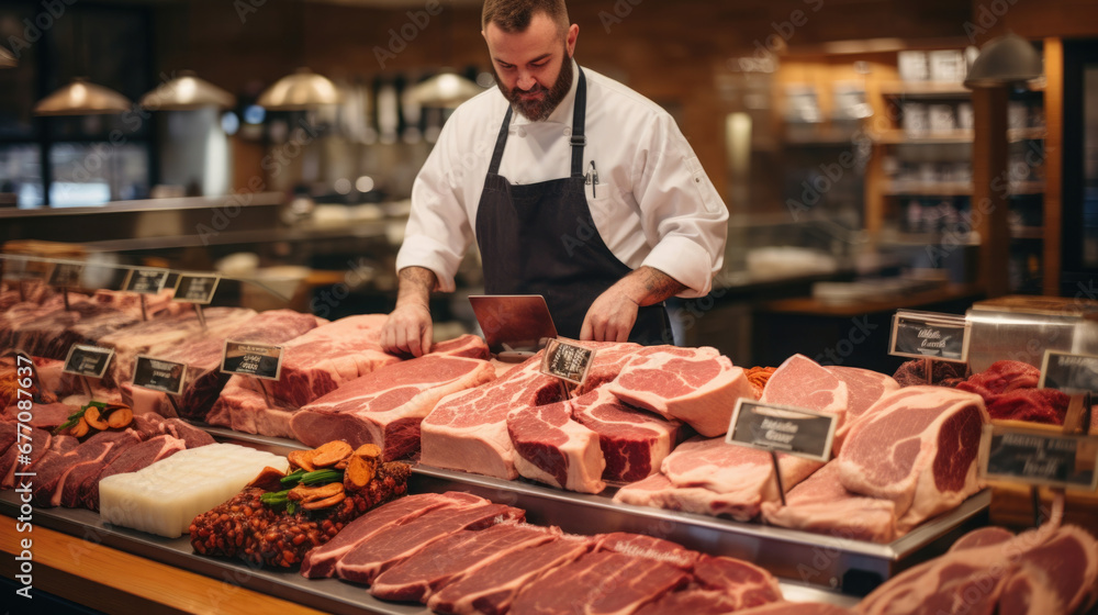 National Meat Month: A butcher's counter showcasing an array of meats ...