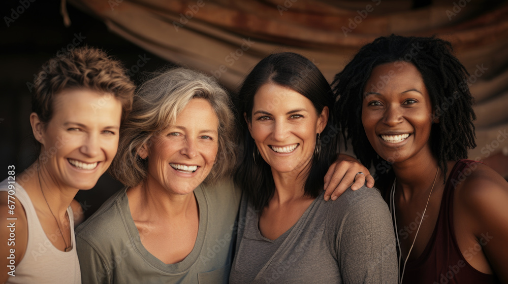 Mature women hug and look at camera on city street. Portrait of happy ...