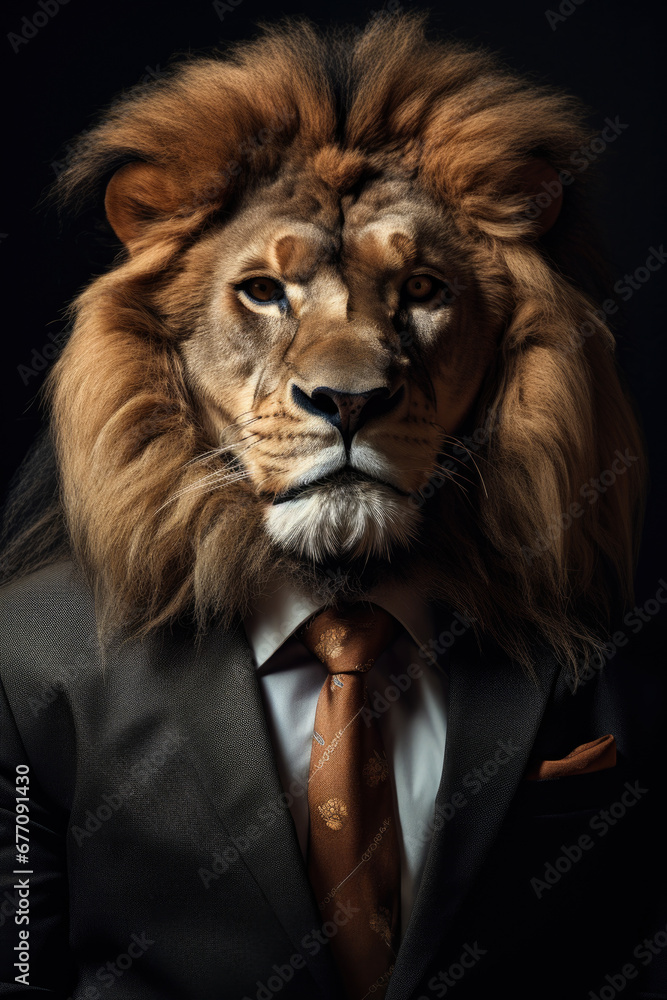 A man dressed in a suit with a lion head on his head. This unique and ...