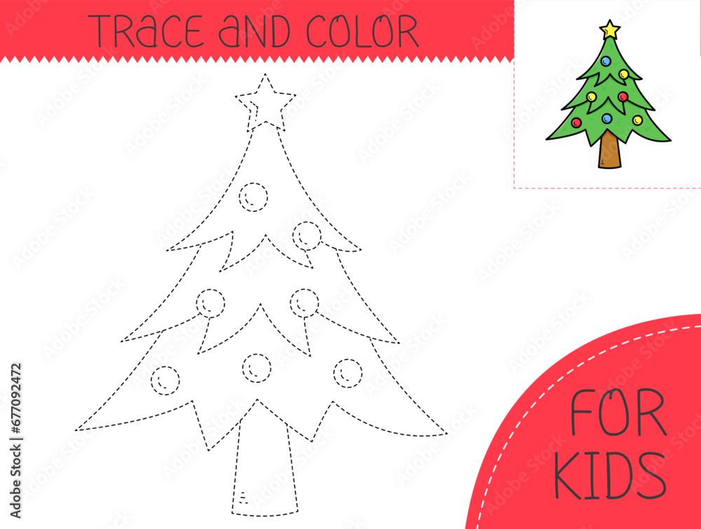 Trace and color coloring book with christmas tree for kids. Coloring ...