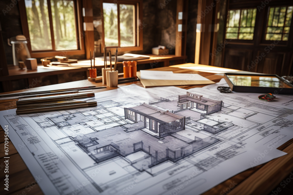 Architectural Plans of a Residence Laid Out on a Worktable, Capturing ...