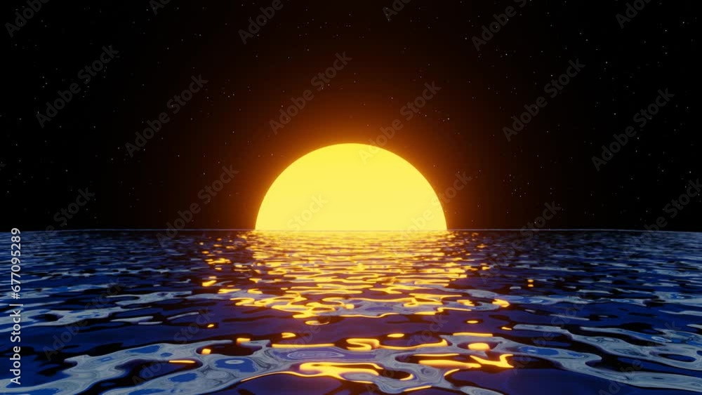 3d retro 80s 90s style sun in ocean surface. Yellow neon light in water. Sunfall sunset in black ...