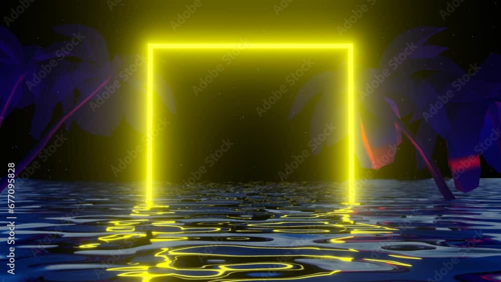 3d retro 80s 90s yellow neon glowing square with sea ocean. Metal fluid ...