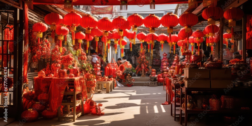 Chinese New Year Decorations Various decorations such as red lanterns ...
