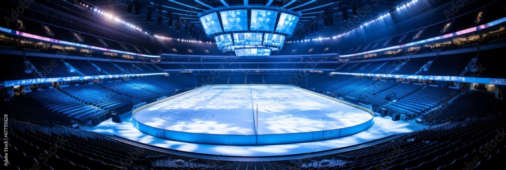 Immaculate professional hockey rink shining in bright white and intense ...