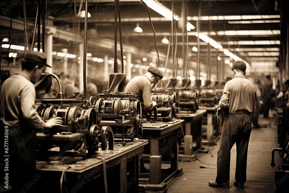 A black and white photo with sepia tones captures a 1920s industrial ...